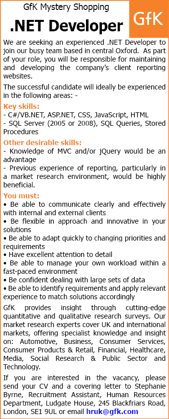 GfK Mystery Shopping seek a .NET Developer