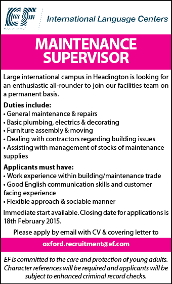 EF International Language Centres seeks Maintenance Supervisor