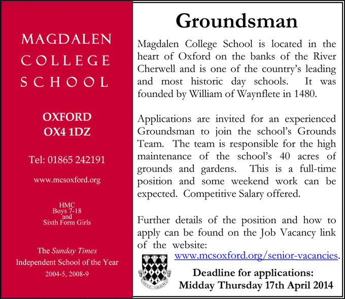 Groundsman required by Magdalen College School to join the team ...