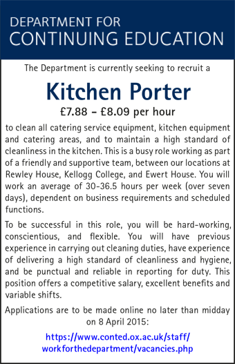 The Department for Continuing Education seeks a Kitchen Porter (30-36.5 ...