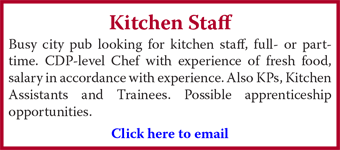 Busy city pub looking for kitchen staff, full- or part-time. CDP-level ...
