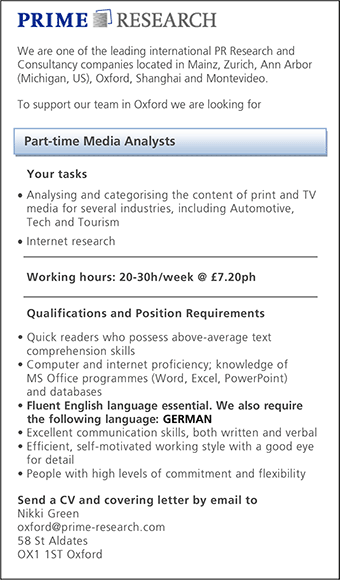 Prime Research seek Part-time Media Analysts